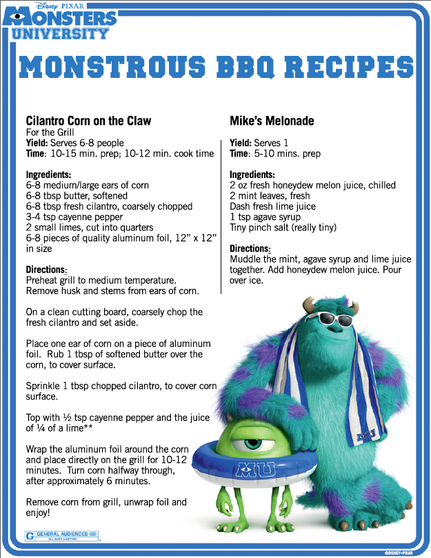 Monsters University BBQ Recipes & Coloring Sheet